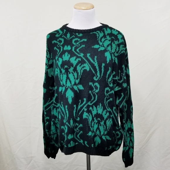 Vintage | Sweaters | Vintage Sweater Black Metallic Green Damask Large ...